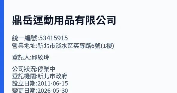 鼎岳運動用品有限公司的照片-統編 53415915(新北市) 公司登記資料與營業項目詳細圖表