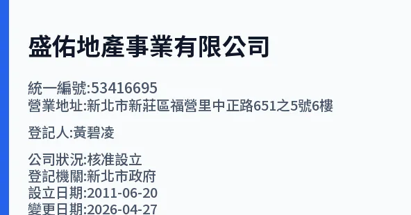 盛佑地產事業有限公司的照片-統編 53416695(新北市) 公司登記資料與營業項目詳細圖表