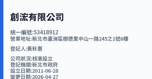 創浤有限公司的照片-統編 53418912(新北市) 公司登記資料與營業項目詳細圖表