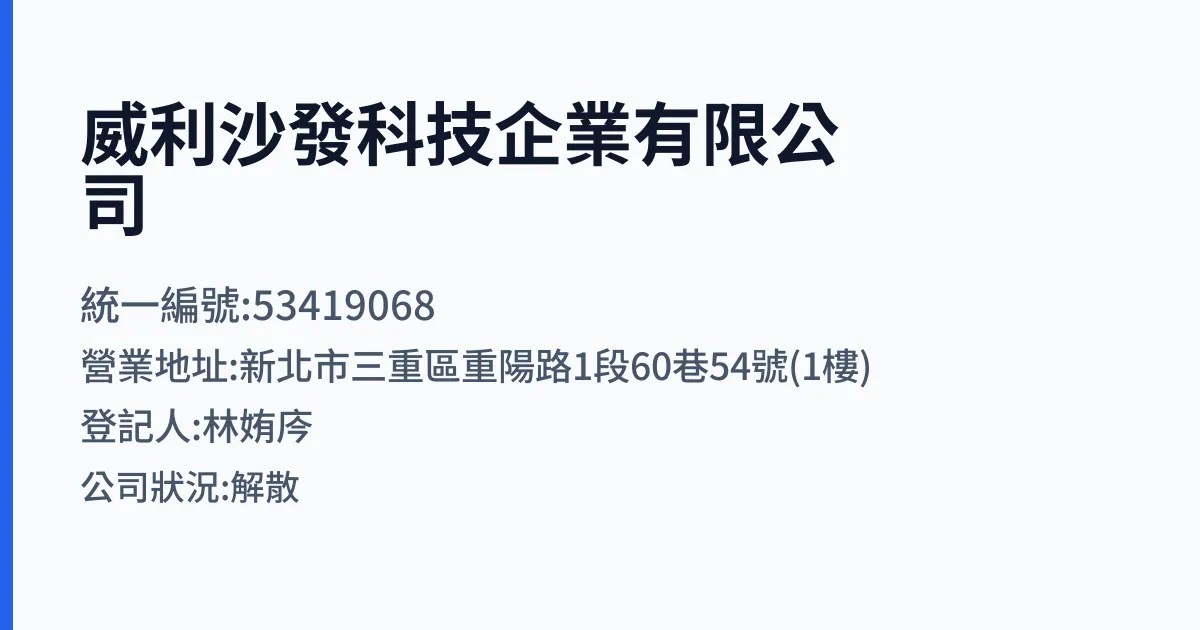 威利沙發科技企業有限公司 - 統編 53419068(新北市) 公司登記資料與營業項目詳細圖表