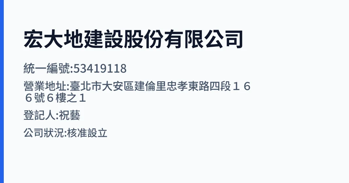 宏大地建設股份有限公司 - 統編 53419118(臺北市) 公司登記資料與營業項目詳細圖表