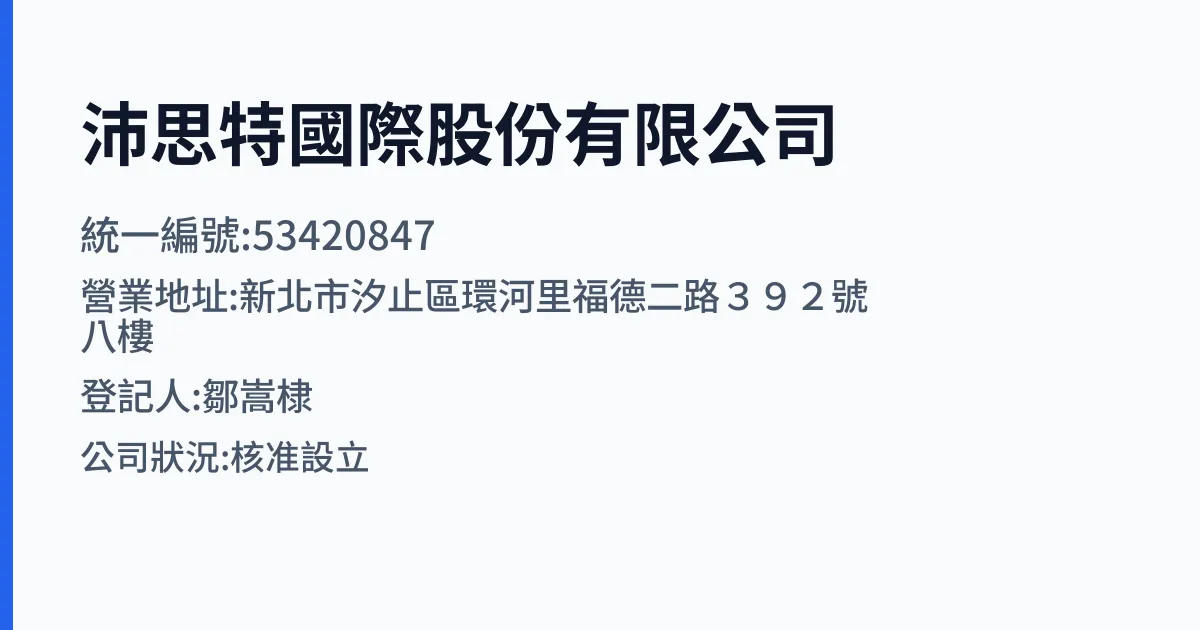 沛思特國際股份有限公司 - 統編 53420847(新北市) 公司登記資料與營業項目詳細圖表