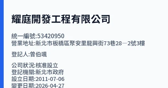 耀庭開發工程有限公司的照片-統編 53420950(新北市) 公司登記資料與營業項目詳細圖表