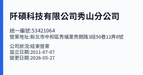 阡碩科技有限公司秀山分公司的照片-統編 53421064(新北市) 公司登記資料與營業項目詳細圖表