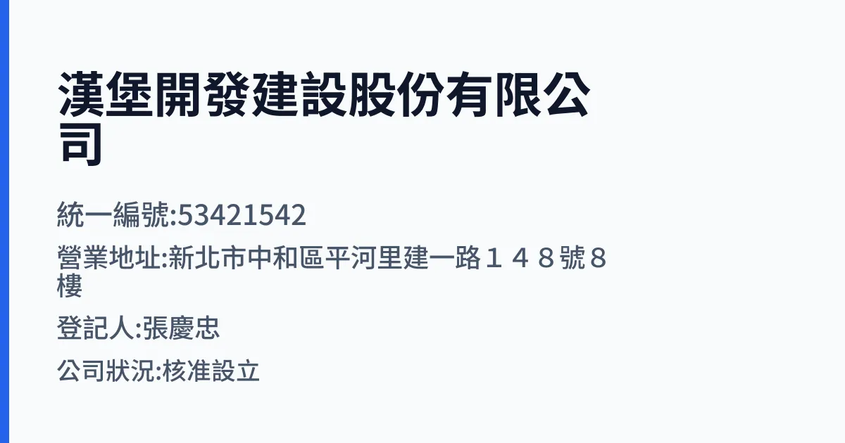 漢堡開發建設股份有限公司 - 統編 53421542(新北市) 公司登記資料與營業項目詳細圖表