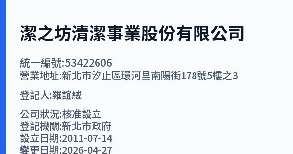 潔之坊清潔事業股份有限公司的照片-統編 53422606(新北市) 公司登記資料與營業項目詳細圖表