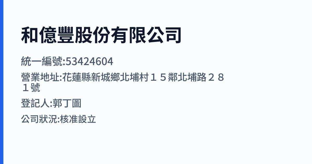 和億豐股份有限公司 - 統編 53424604(花蓮縣) 公司登記資料與營業項目詳細圖表