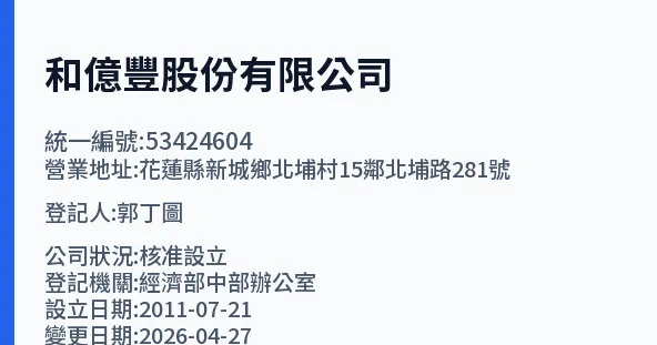 和億豐股份有限公司的照片-統編 53424604(花蓮縣) 公司登記資料與營業項目詳細圖表
