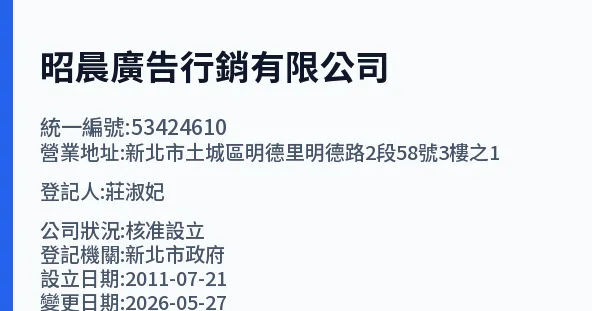 昭晨廣告行銷有限公司的照片-統編 53424610(新北市) 公司登記資料與營業項目詳細圖表