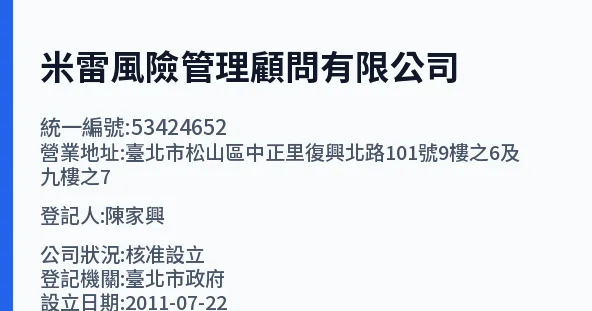 米雷風險管理顧問有限公司的照片-統編 53424652(臺北市) 公司登記資料與營業項目詳細圖表