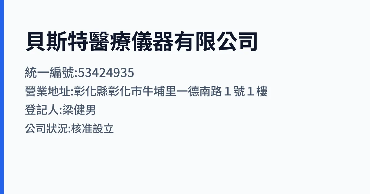 貝斯特醫療儀器有限公司 - 統編 53424935(彰化縣) 公司登記資料與營業項目詳細圖表