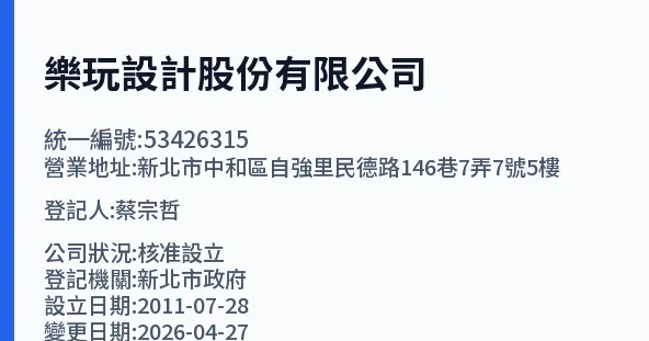 樂玩設計股份有限公司的照片-統編 53426315(新北市) 公司登記資料與營業項目詳細圖表