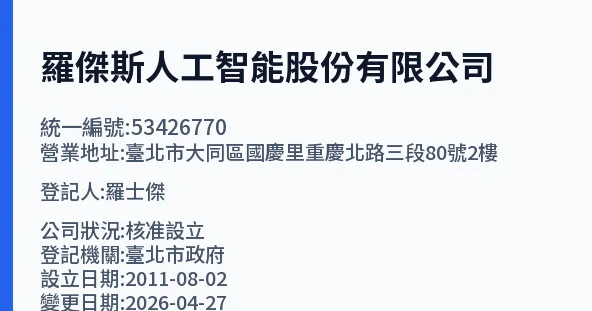 羅傑斯人工智能股份有限公司的照片-統編 53426770(臺北市) 公司登記資料與營業項目詳細圖表