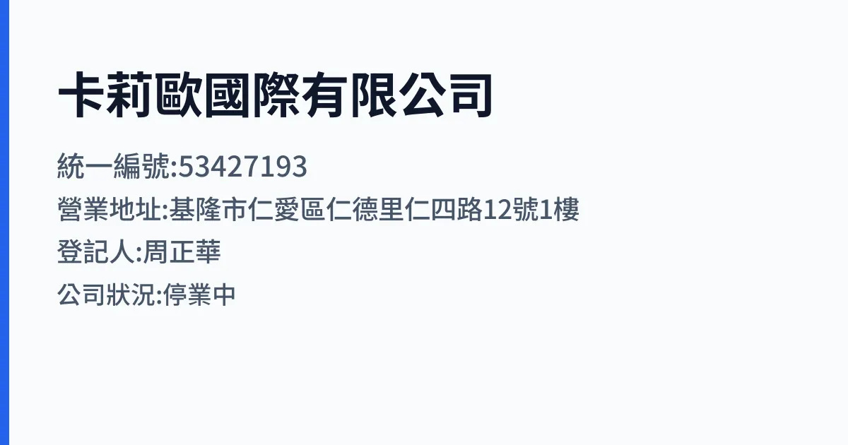 卡莉歐國際有限公司 - 統編 53427193(基隆市) 公司登記資料與營業項目詳細圖表