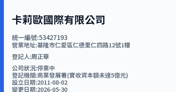 卡莉歐國際有限公司的照片-統編 53427193(基隆市) 公司登記資料與營業項目詳細圖表