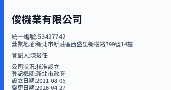俊機業有限公司的照片-統編 53427742(新北市) 公司登記資料與營業項目詳細圖表