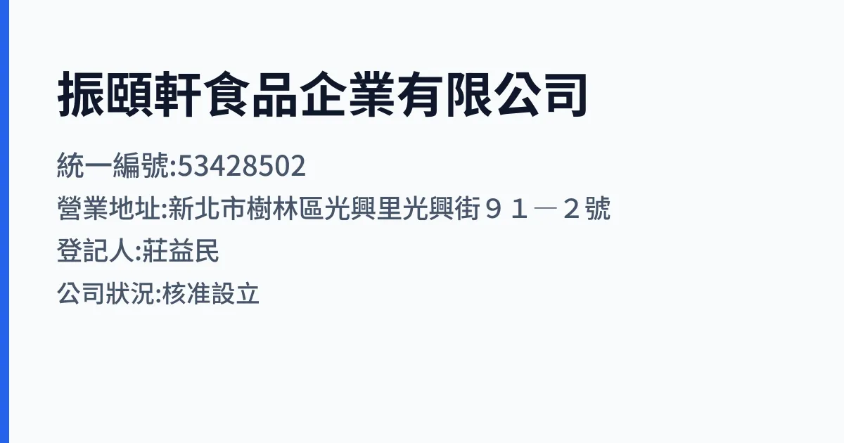 振頤軒食品企業有限公司 - 統編 53428502(新北市) 公司登記資料與營業項目詳細圖表
