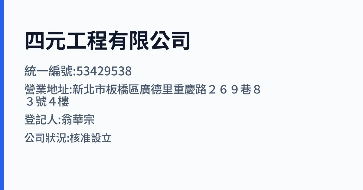 四元工程有限公司 - 統編 53429538(新北市) 公司登記資料與營業項目詳細圖表