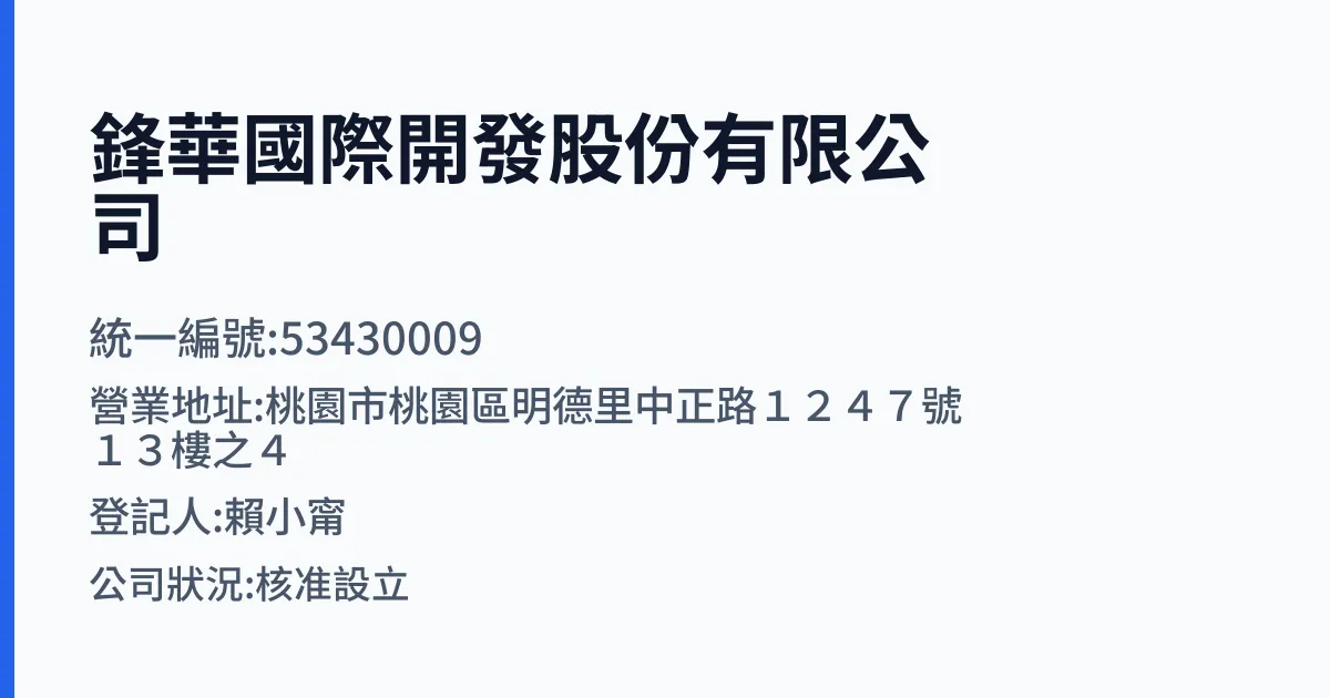 鋒華國際開發股份有限公司 - 統編 53430009(桃園市) 公司登記資料與營業項目詳細圖表
