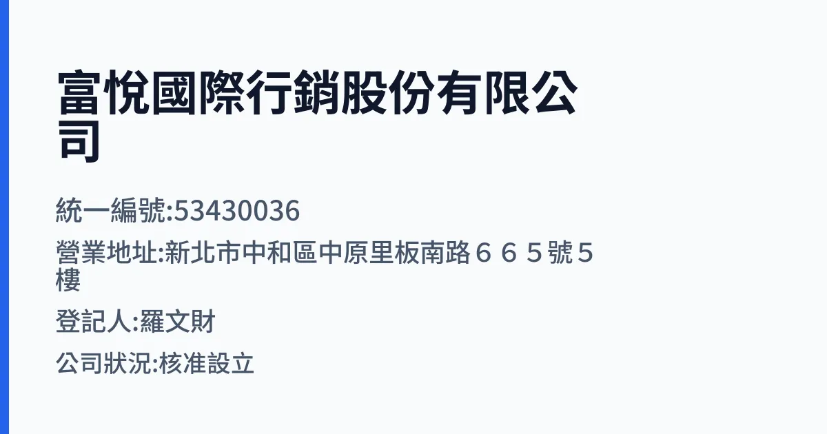 富悅國際行銷股份有限公司 - 統編 53430036(新北市) 公司登記資料與營業項目詳細圖表