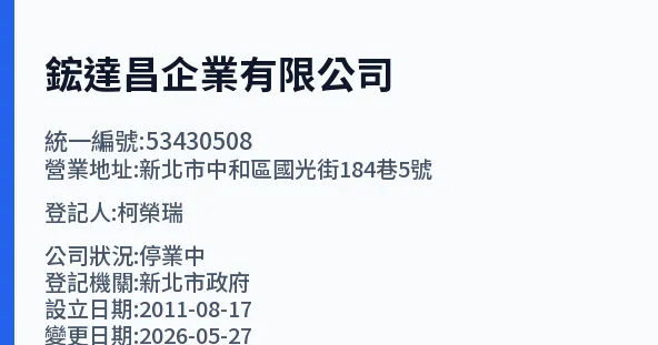 鋐達昌企業有限公司的照片-統編 53430508(新北市) 公司登記資料與營業項目詳細圖表