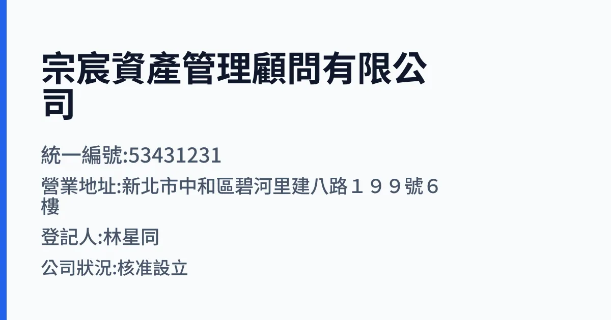 宗宸資產管理顧問有限公司 - 統編 53431231(新北市) 公司登記資料與營業項目詳細圖表