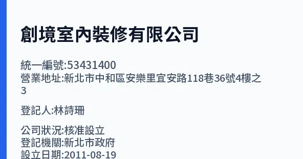 創境室內裝修有限公司的照片-統編 53431400(新北市) 公司登記資料與營業項目詳細圖表