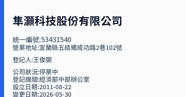 隼灝科技股份有限公司的照片-統編 53431540(宜蘭縣) 公司登記資料與營業項目詳細圖表