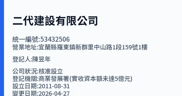 二代建設有限公司的照片-統編 53432506(宜蘭縣) 公司登記資料與營業項目詳細圖表