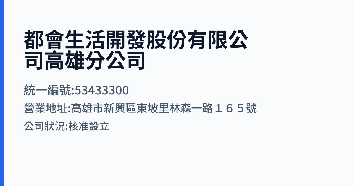 都會生活開發股份有限公司高雄分公司 - 統編 53433300(高雄市) 公司登記資料與營業項目詳細圖表