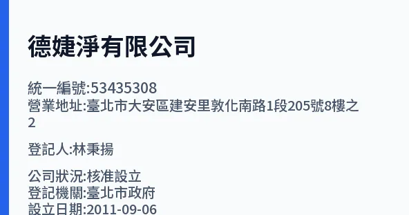 德婕淨有限公司的照片-統編 53435308(臺北市) 公司登記資料與營業項目詳細圖表