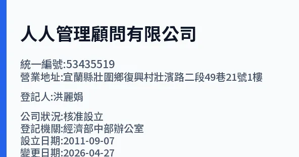 人人管理顧問有限公司的照片-統編 53435519(宜蘭縣) 公司登記資料與營業項目詳細圖表