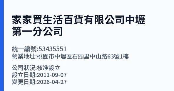 家家買生活百貨有限公司中壢第一分公司的照片-統編 53435551(桃園市) 公司登記資料與營業項目詳細圖表