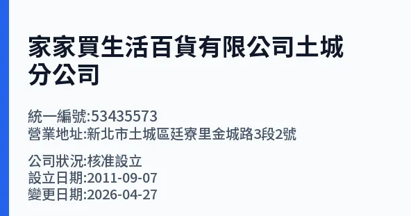 家家買生活百貨有限公司土城分公司的照片-統編 53435573(新北市) 公司登記資料與營業項目詳細圖表