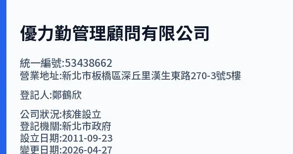優力勤管理顧問有限公司的照片-統編 53438662(新北市) 公司登記資料與營業項目詳細圖表