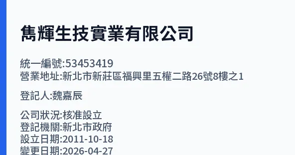 雋輝生技實業有限公司的照片-統編 53453419(新北市) 公司登記資料與營業項目詳細圖表