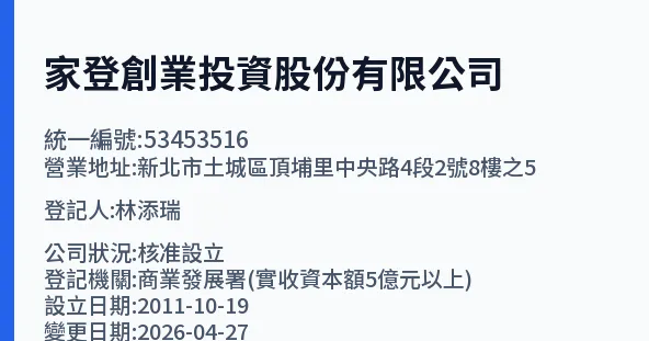 家登創業投資股份有限公司的照片-統編 53453516(新北市) 公司登記資料與營業項目詳細圖表