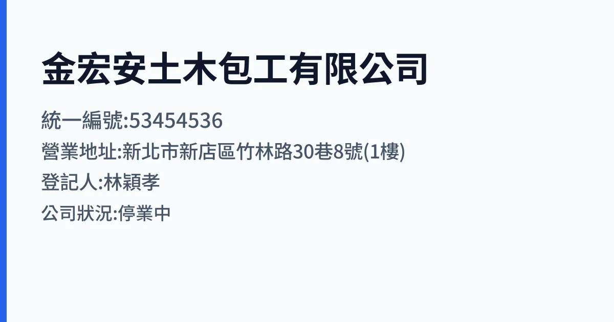 金宏安土木包工有限公司 - 統編 53454536(新北市) 公司登記資料與營業項目詳細圖表