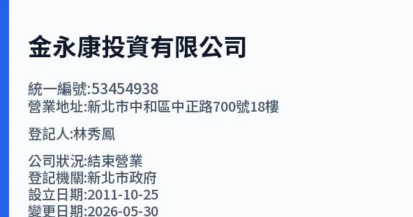 金永康投資有限公司的照片-統編 53454938(新北市) 公司登記資料與營業項目詳細圖表