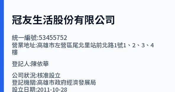冠友生活股份有限公司的照片-統編 53455752(高雄市) 公司登記資料與營業項目詳細圖表