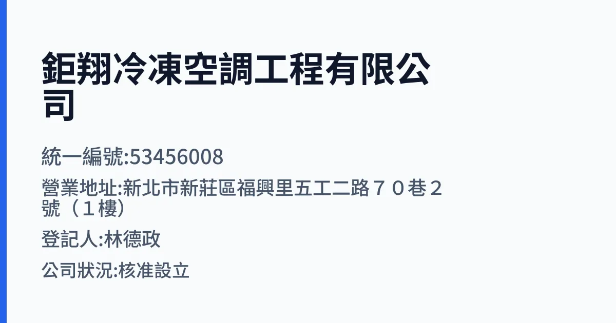 鉅翔冷凍空調工程有限公司 - 統編 53456008(新北市) 公司登記資料與營業項目詳細圖表