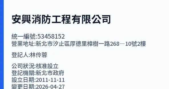 安興消防工程有限公司的照片-統編 53458152(新北市) 公司登記資料與營業項目詳細圖表