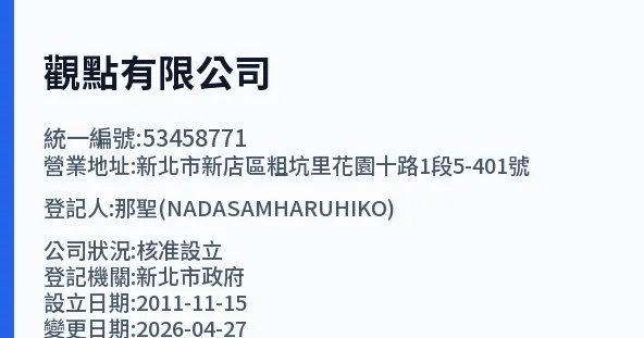 觀點有限公司的照片-統編 53458771(新北市) 公司登記資料與營業項目詳細圖表