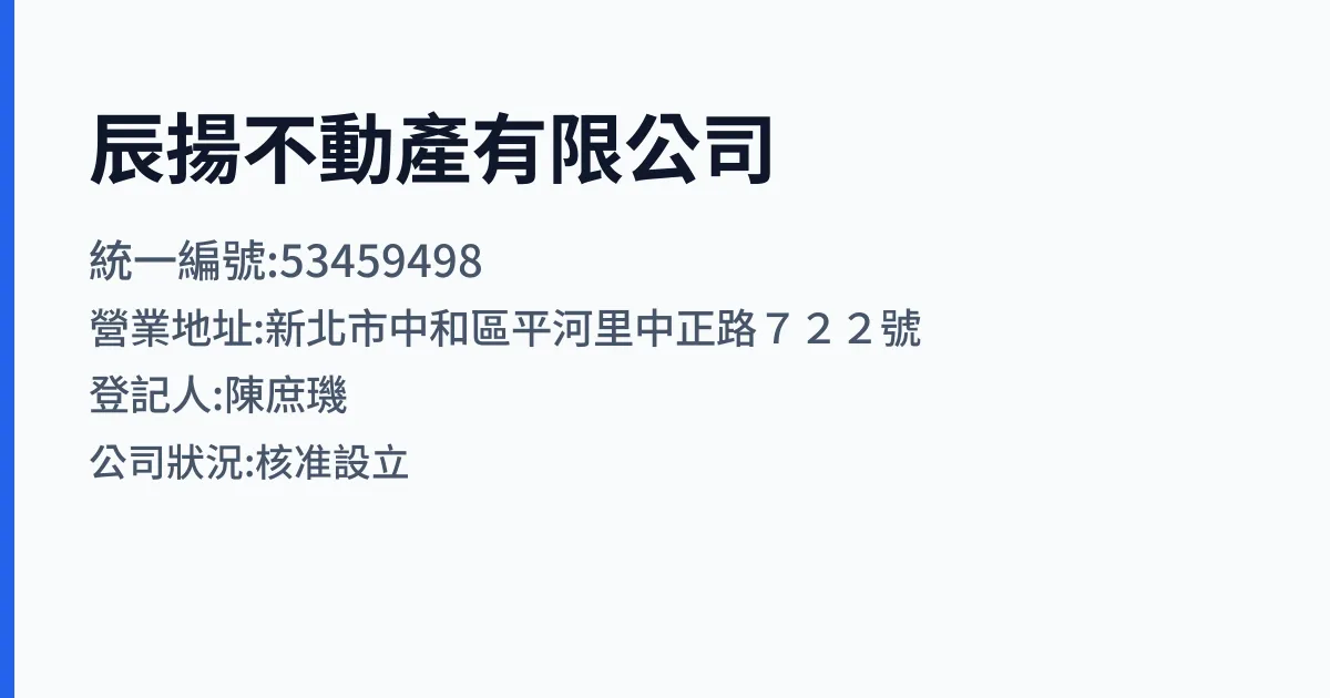 辰揚不動產有限公司 - 統編 53459498(新北市) 公司登記資料與營業項目詳細圖表
