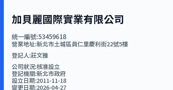 加貝麗國際實業有限公司的照片-統編 53459618(新北市) 公司登記資料與營業項目詳細圖表