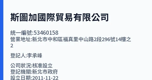 斯圖加國際貿易有限公司的照片-統編 53460158(新北市) 公司登記資料與營業項目詳細圖表