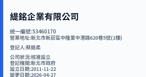 緹銘企業有限公司的照片-統編 53460170(新北市) 公司登記資料與營業項目詳細圖表