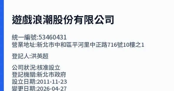 遊戲浪潮股份有限公司的照片-統編 53460431(新北市) 公司登記資料與營業項目詳細圖表