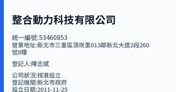 整合動力科技有限公司的照片-統編 53460853(新北市) 公司登記資料與營業項目詳細圖表