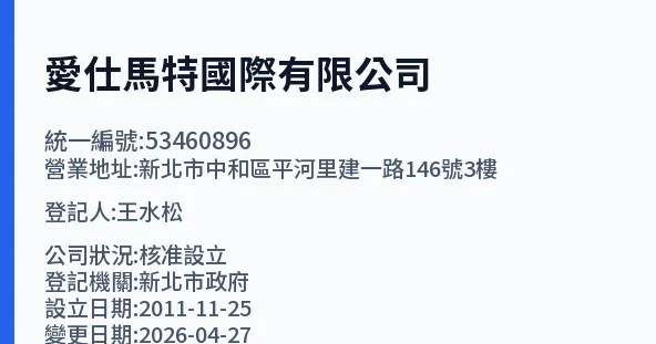愛仕馬特國際有限公司的照片-統編 53460896(新北市) 公司登記資料與營業項目詳細圖表